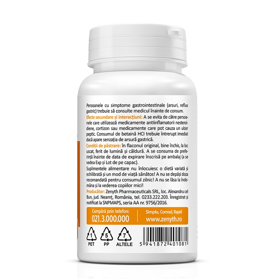 Betaine HCL si Pepsin, 60 capsule, Zenyth : Farmacia Tei online